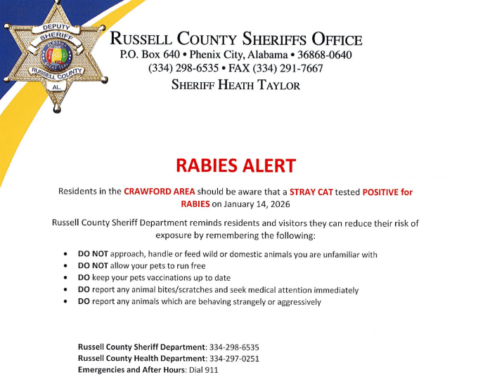 Stray animal tests positive for rabies, Russell Co. sheriff says