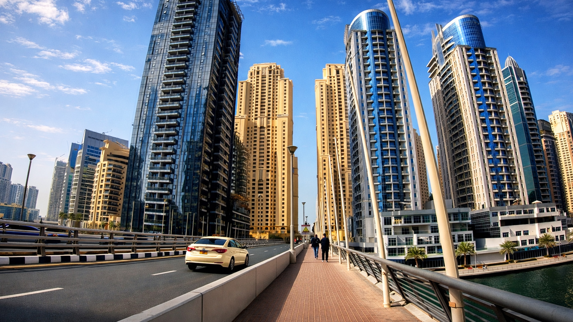 Dubai Marina waterfront walk between skyscrapers