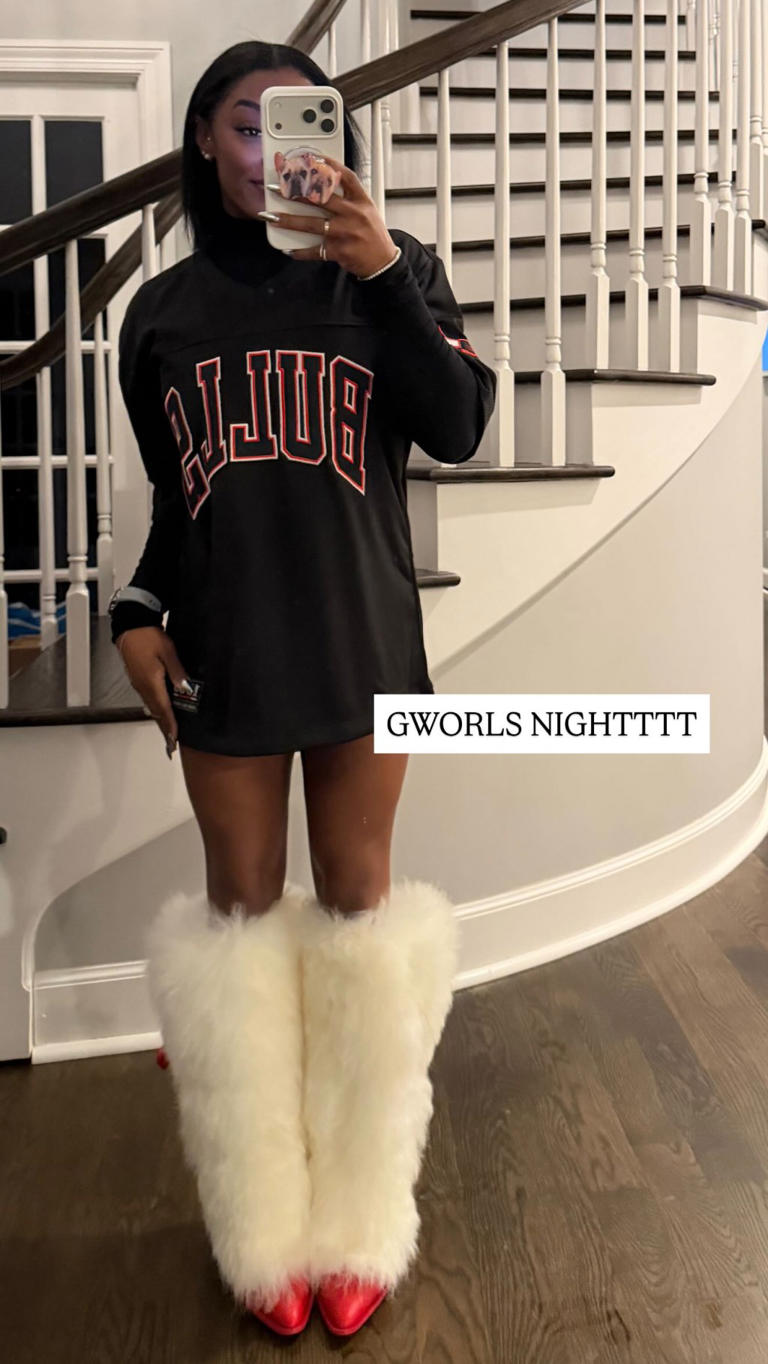 Simone Biles pairs $650 furry Ugg heels with an Hermès Kelly bag for ...