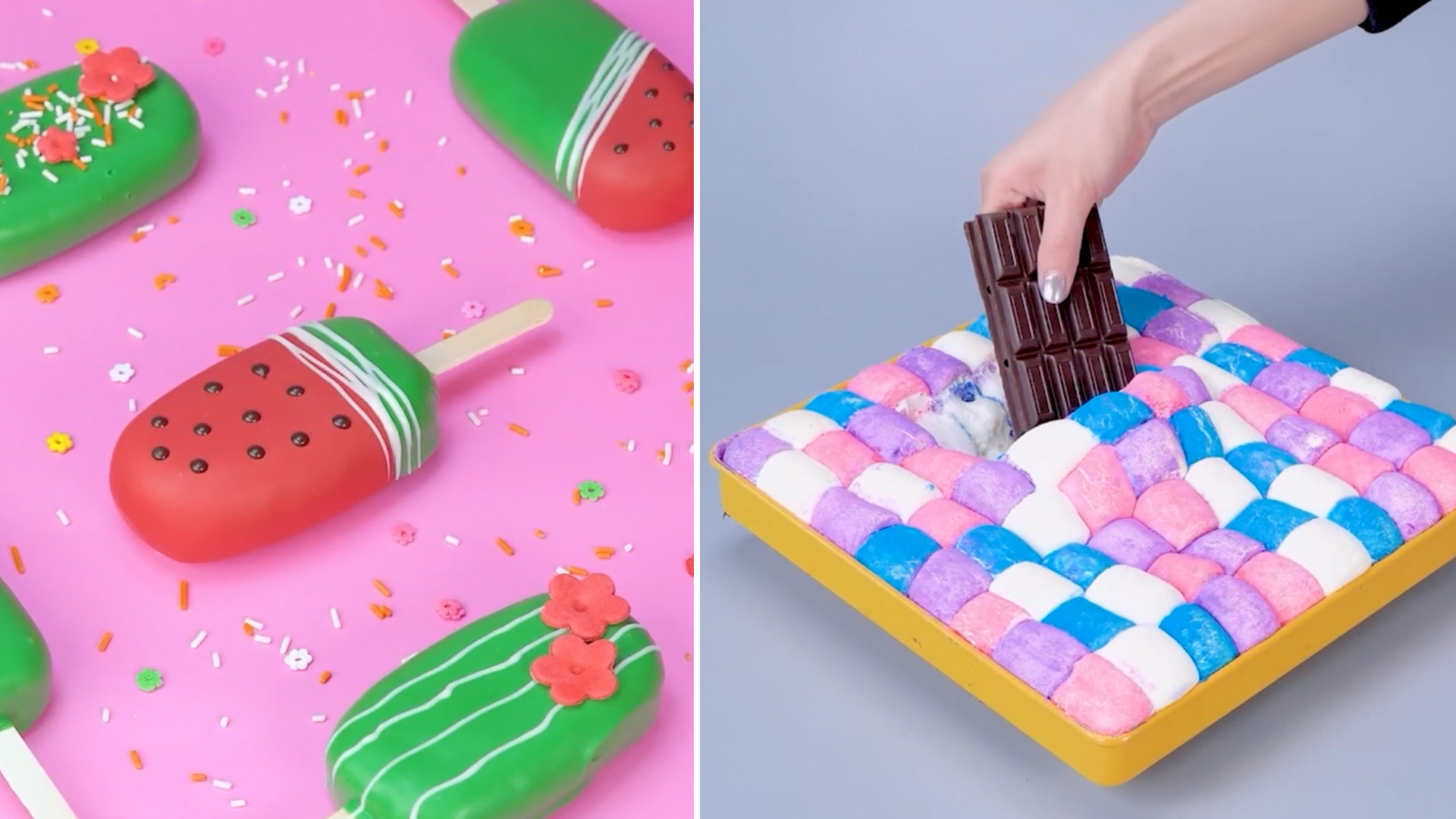 Watermelon style dessert pops and chocolate dipped into marshmallow tray