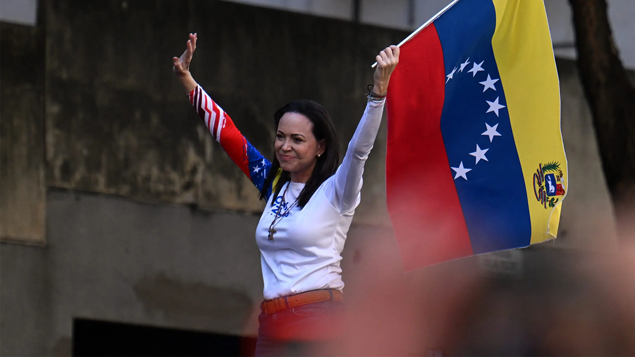 Venezuelan opposition leader María Corina Machado presents Nobel medal ...