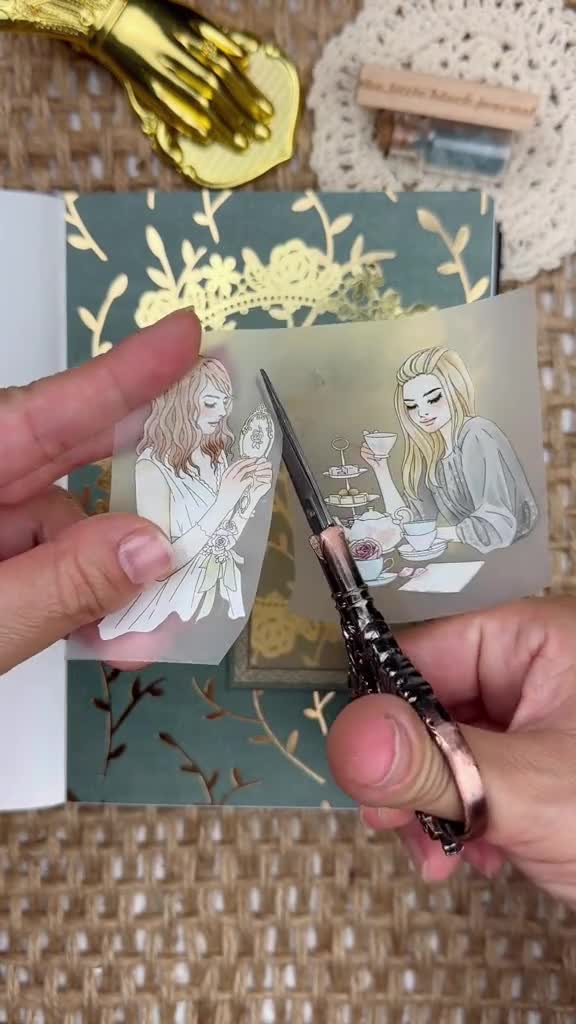 Dark green and gold scrapbook journal spread ASMR