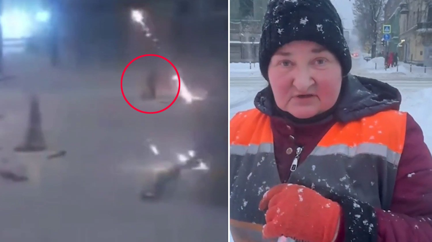 Ukrainian street cleaner's moment of stoic bravery