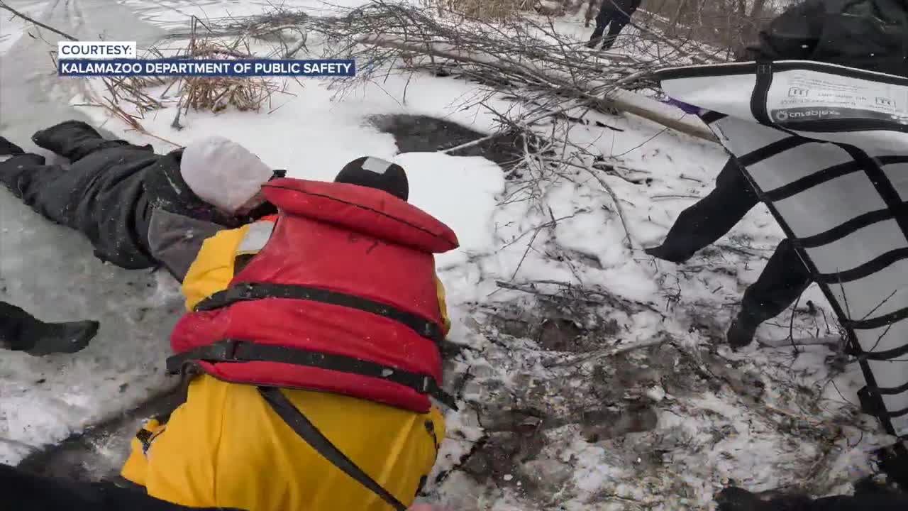 Bodycam video: Man rescued after falling through ice on lake