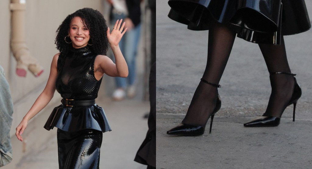 Chase Infiniti punctuates a perforated Alaïa look with pointed d'Orsay ...