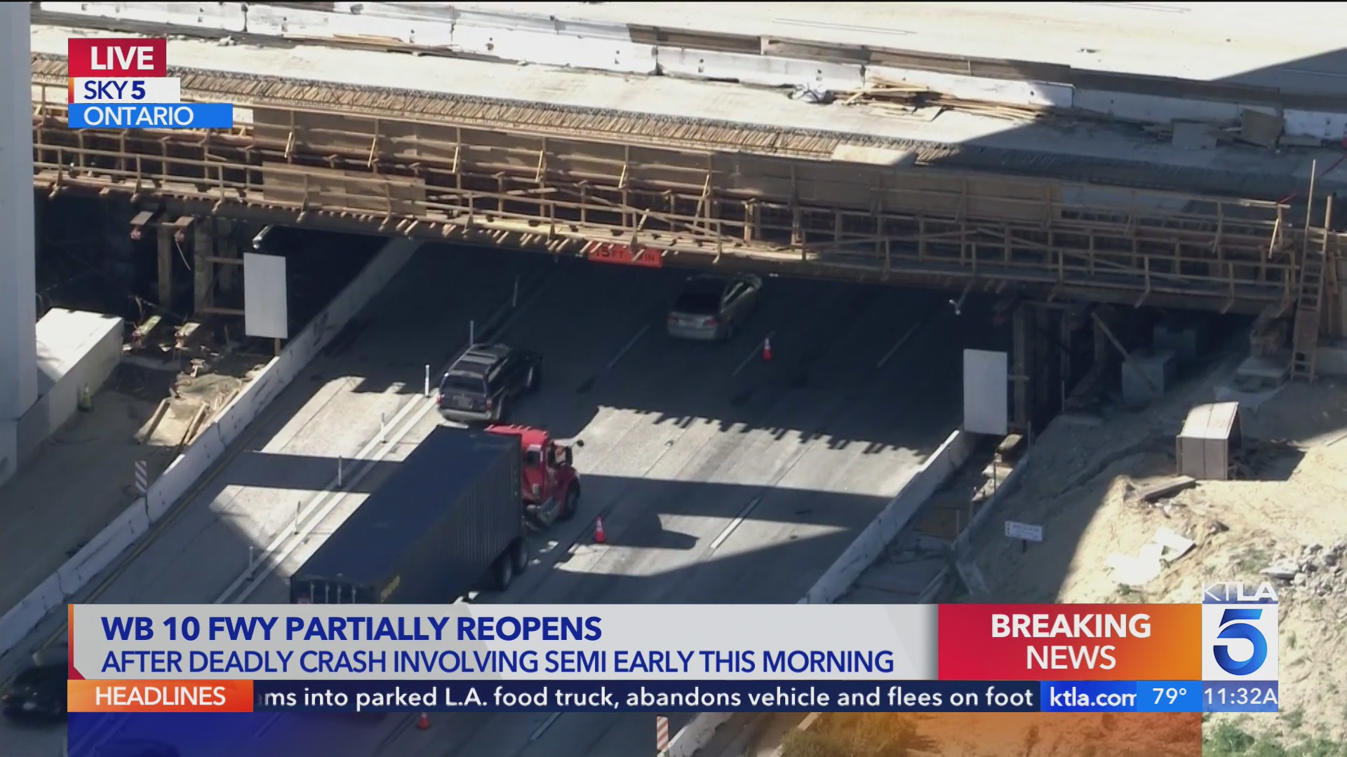 1 dead after semi hits bridge, beam falls on 10 Freeway in Ontario