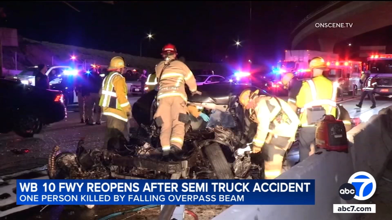 1 killed in multi-vehicle crash after big rig hits 10 Freeway overpass ...