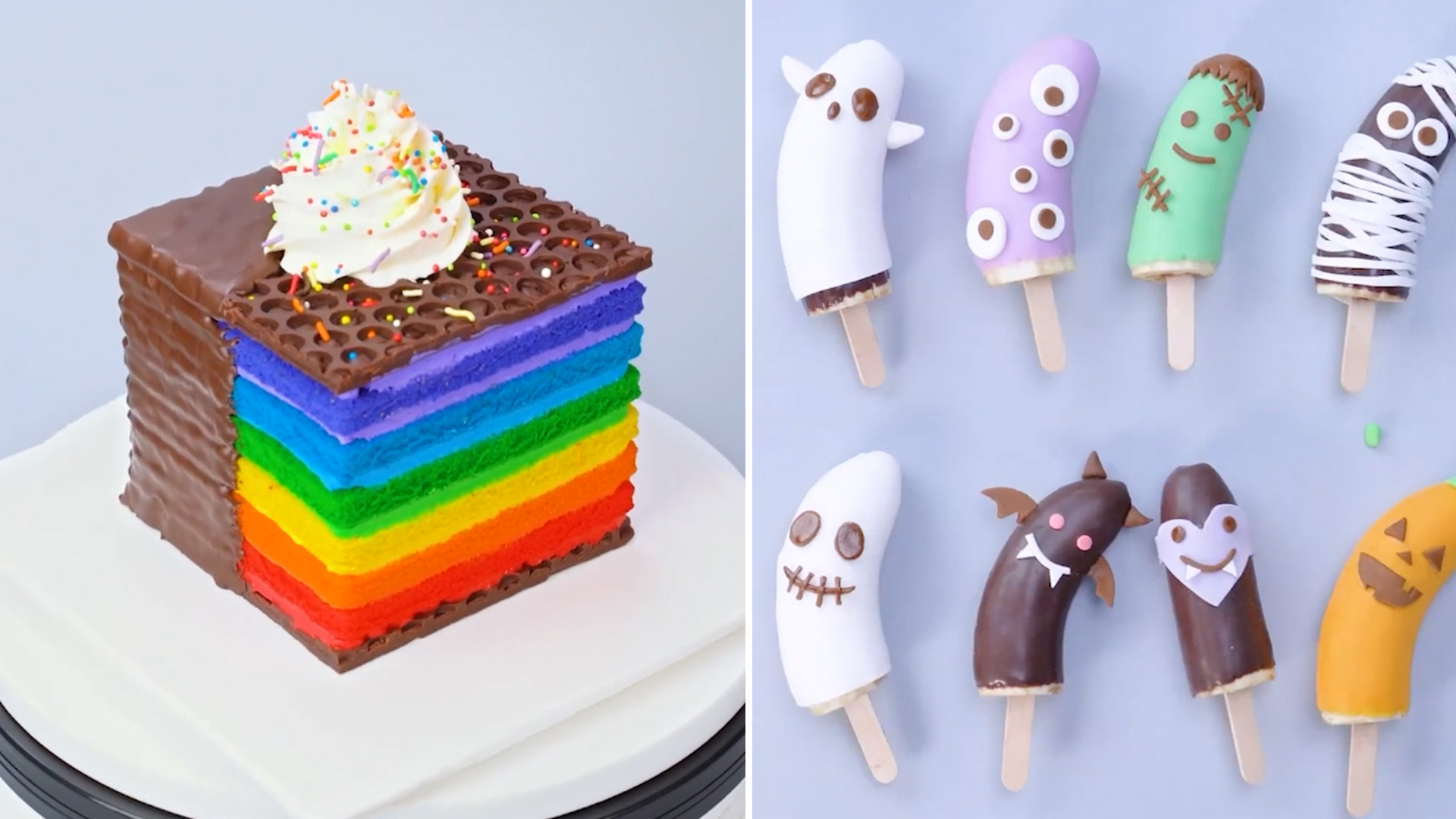 Rainbow layer cake and cute banana dessert pops