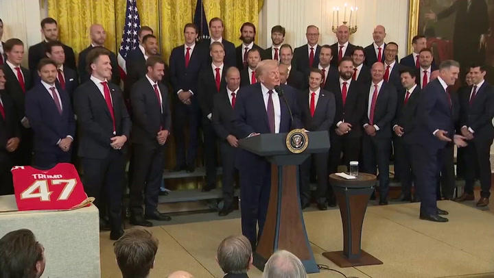 Trump accepts golden hockey stick adding to tacky collection