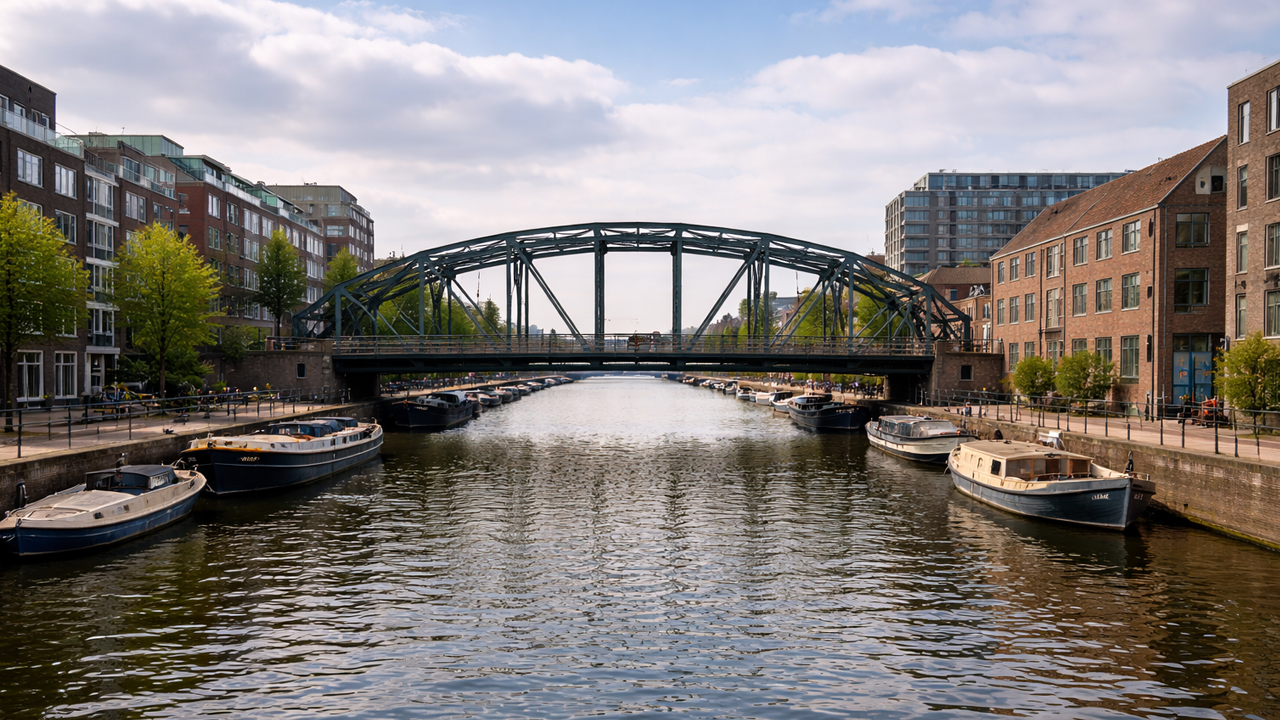 Steel bridge and still waters in Amsterdam