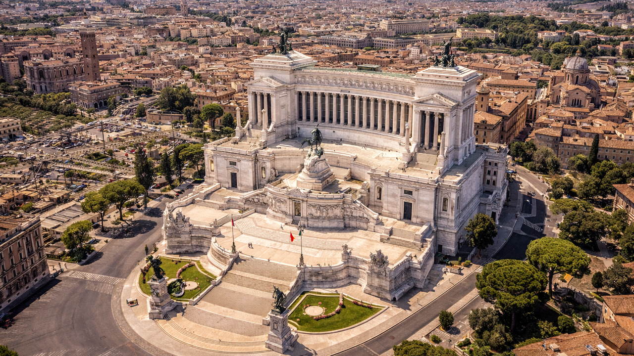 White marble monument rising over historic Rome
