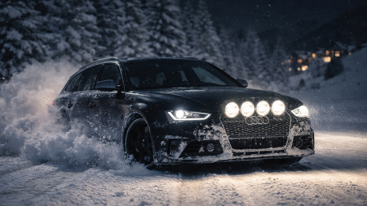 Audi RS4 battles steep snowy slope at night