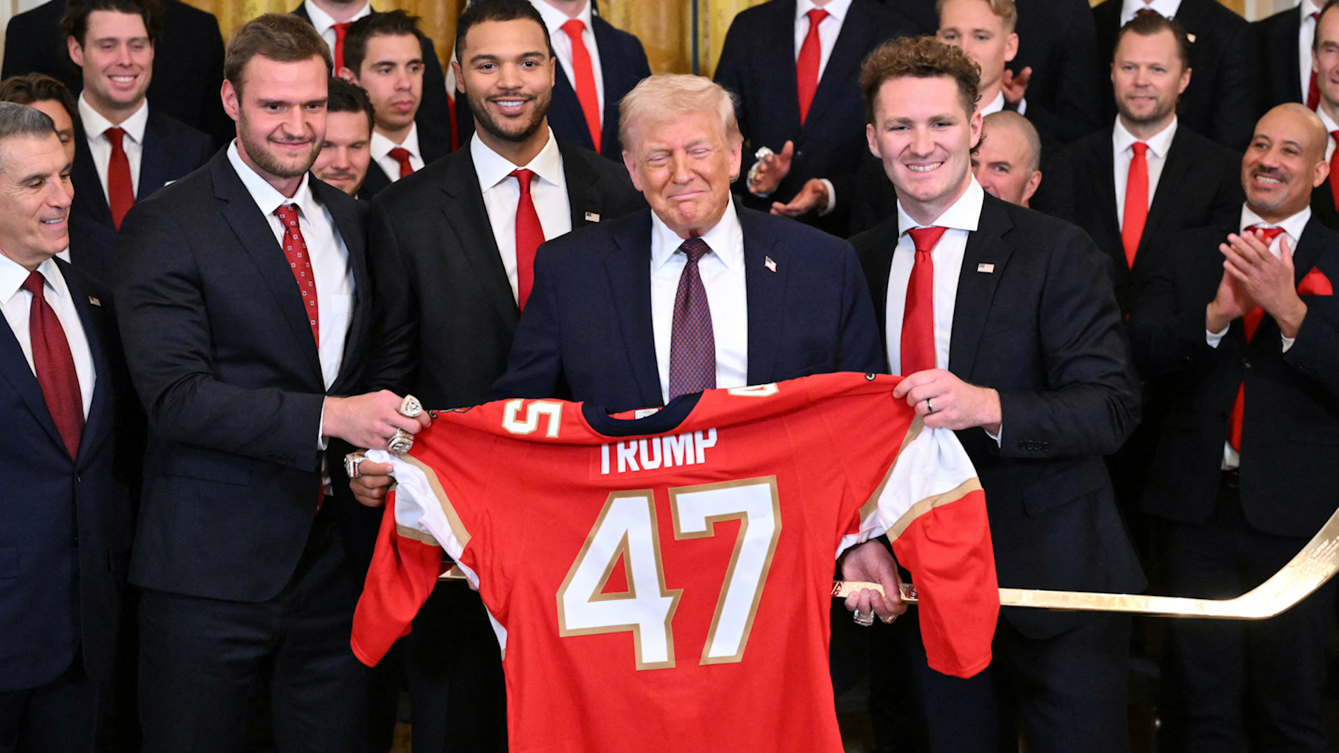 Trump hosts Stanley Cup champion Florida Panthers, receives gifts