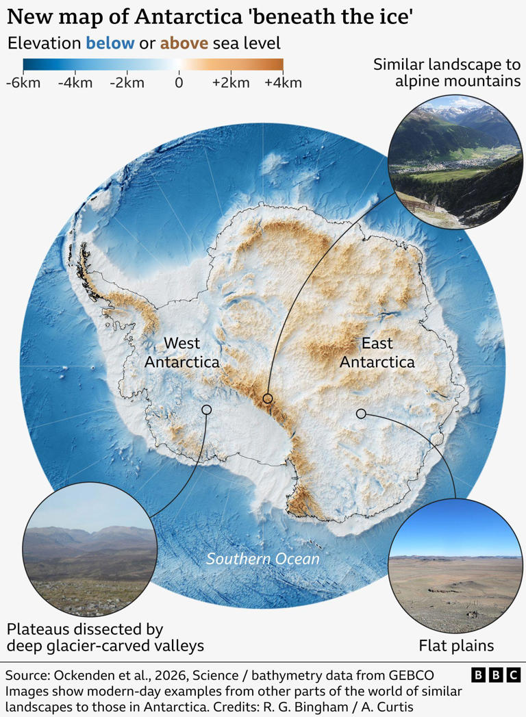 The landscape beneath Antarctica's icy surface revealed in ...