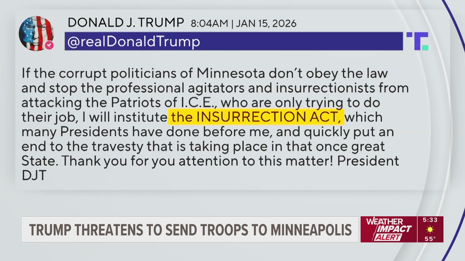 Trump threatens to send military troops to Minneapolis