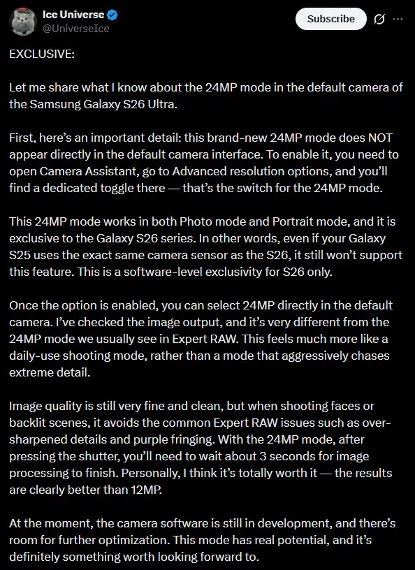 Could the Galaxy S26 Ultra be getting a new, improved 24MP capture option?