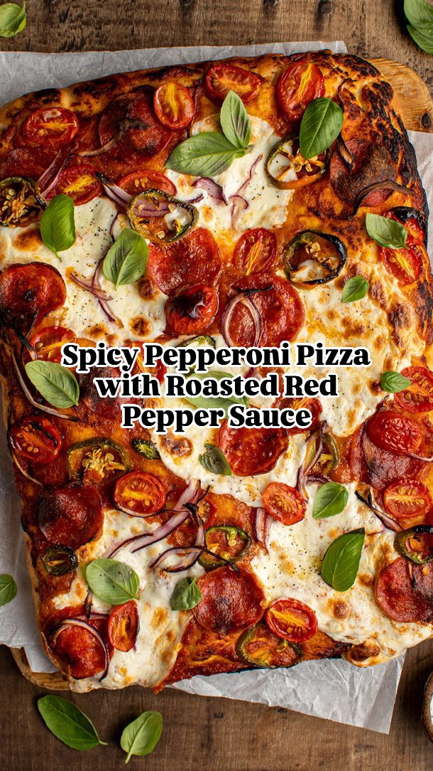 Homemade spicy pepperoni pizza with roasted red pepper sauce