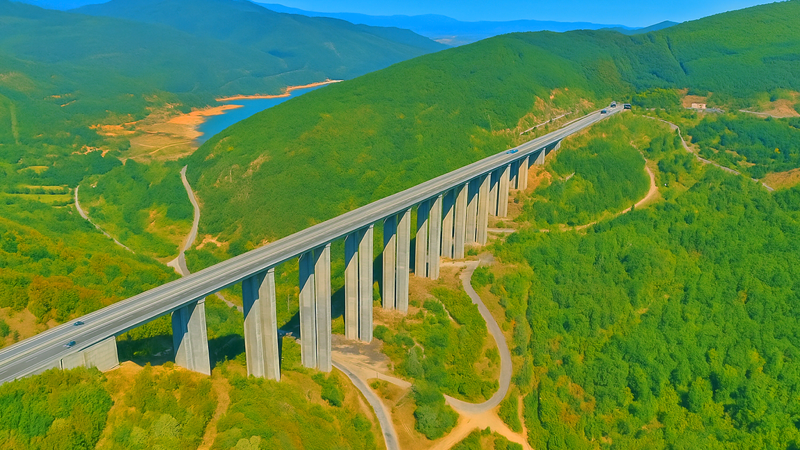 The Bebresh viaduct crossing deep green valleys