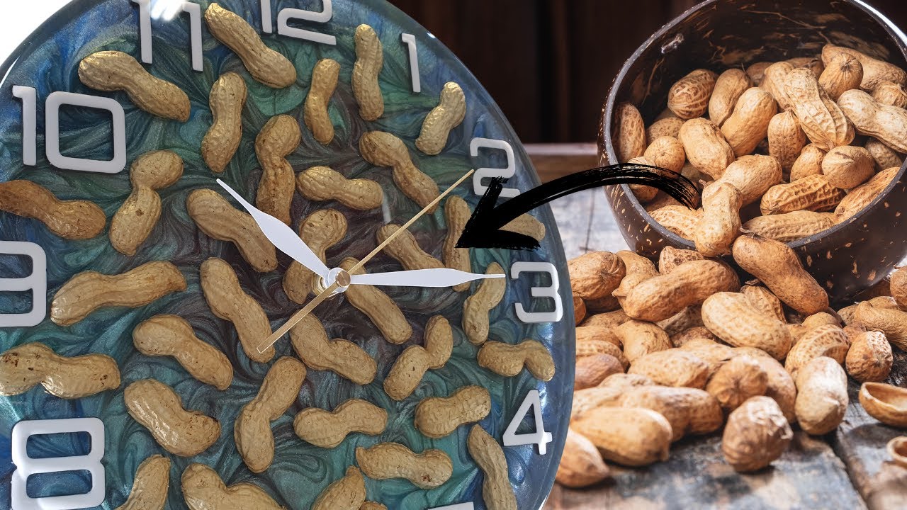 Handcrafted epoxy resin peanut shell wall clock - artisanal home decor