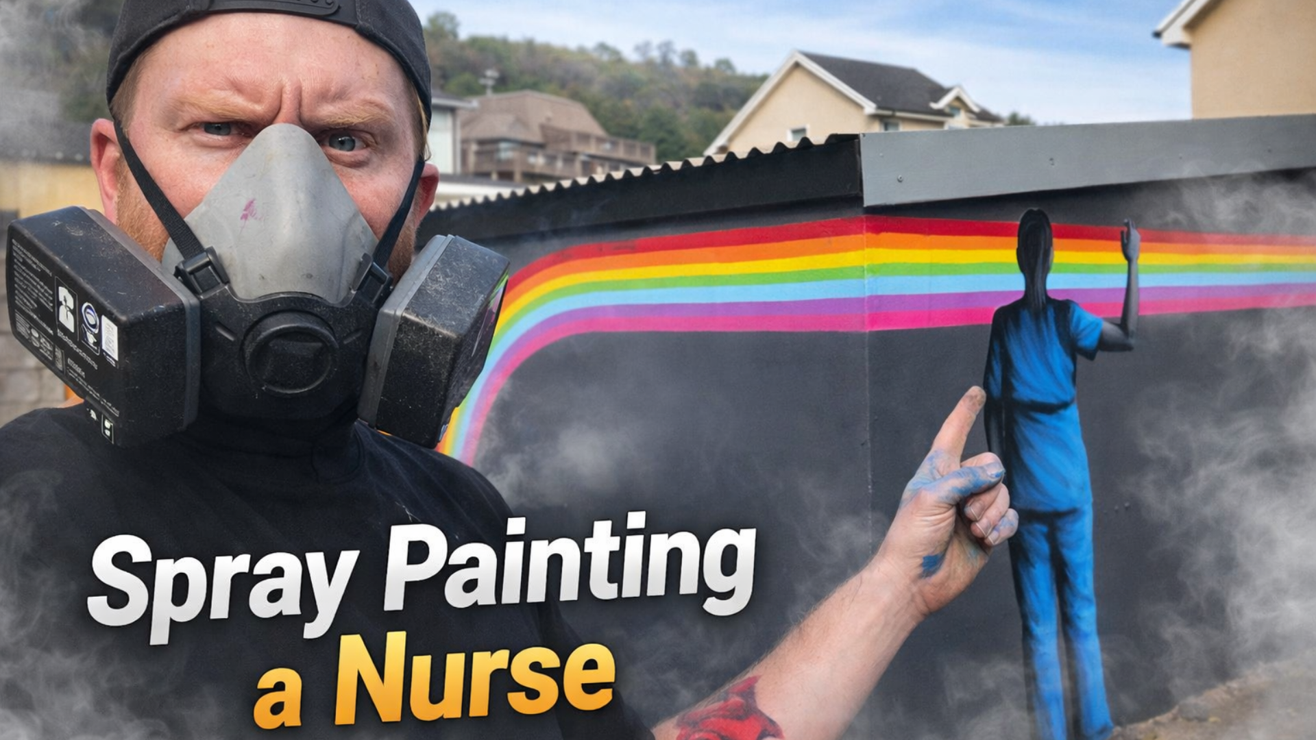 Spray painting a nurse portrait - street art process