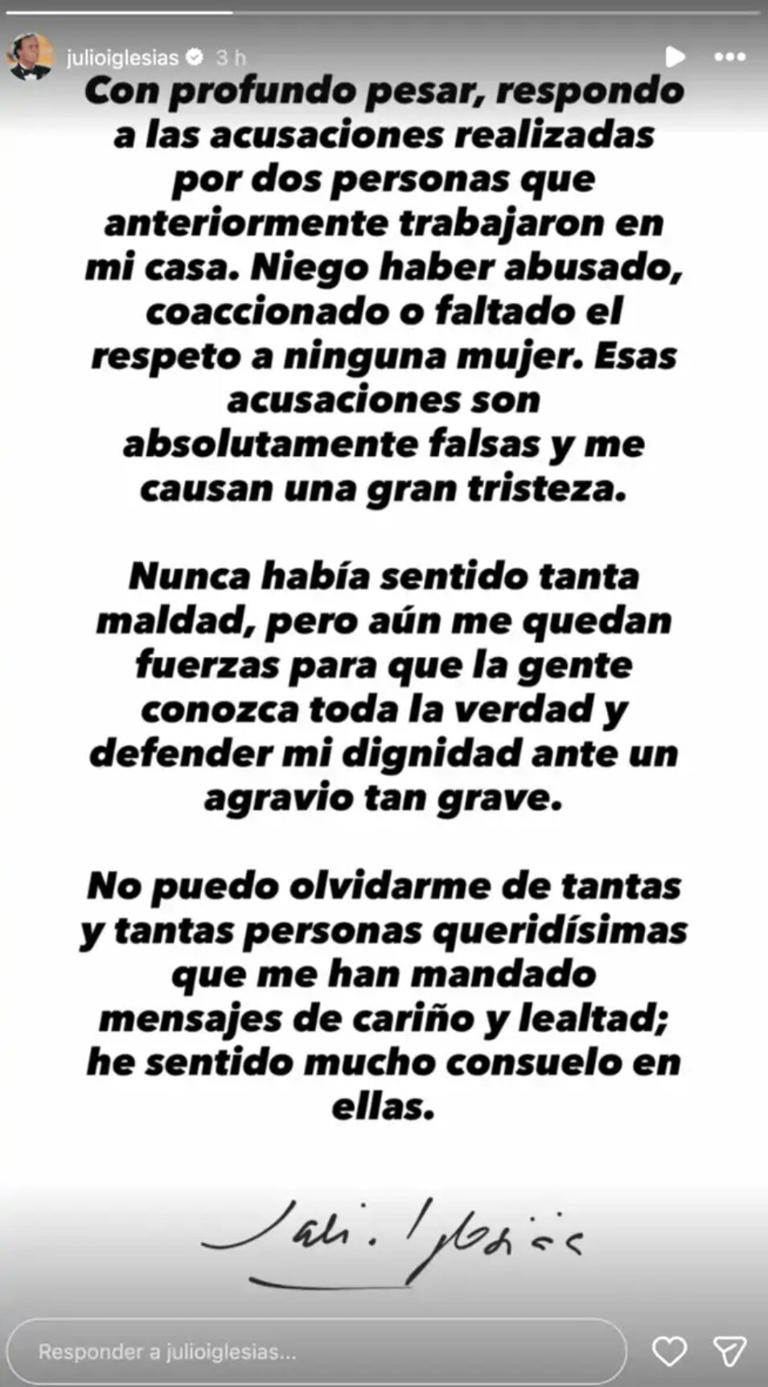 Julio Iglesias rompe su silencio en un comunicado tras las acusaciones ...