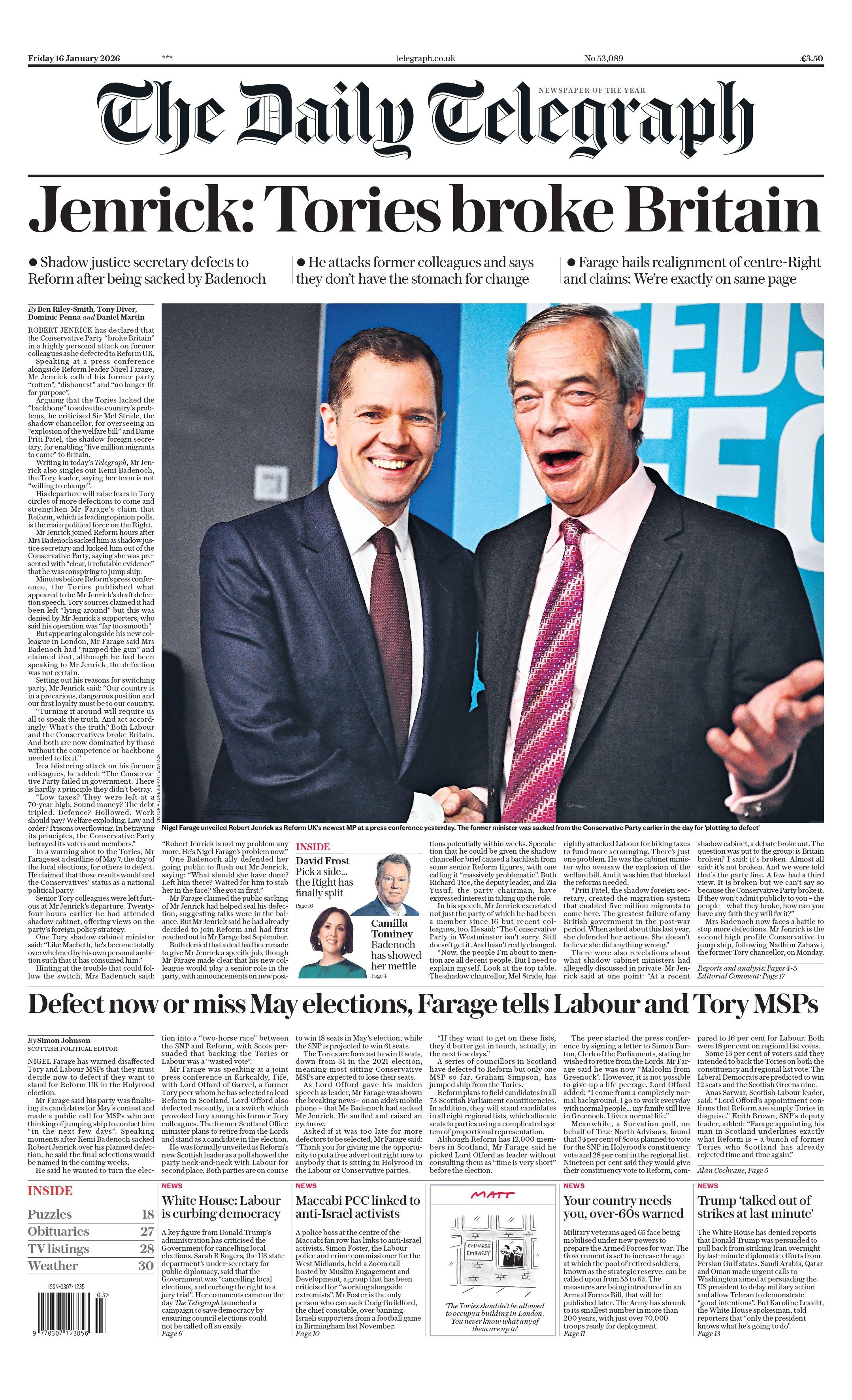 Scotland's papers: Jenrick defects to Reform and new cultural hub