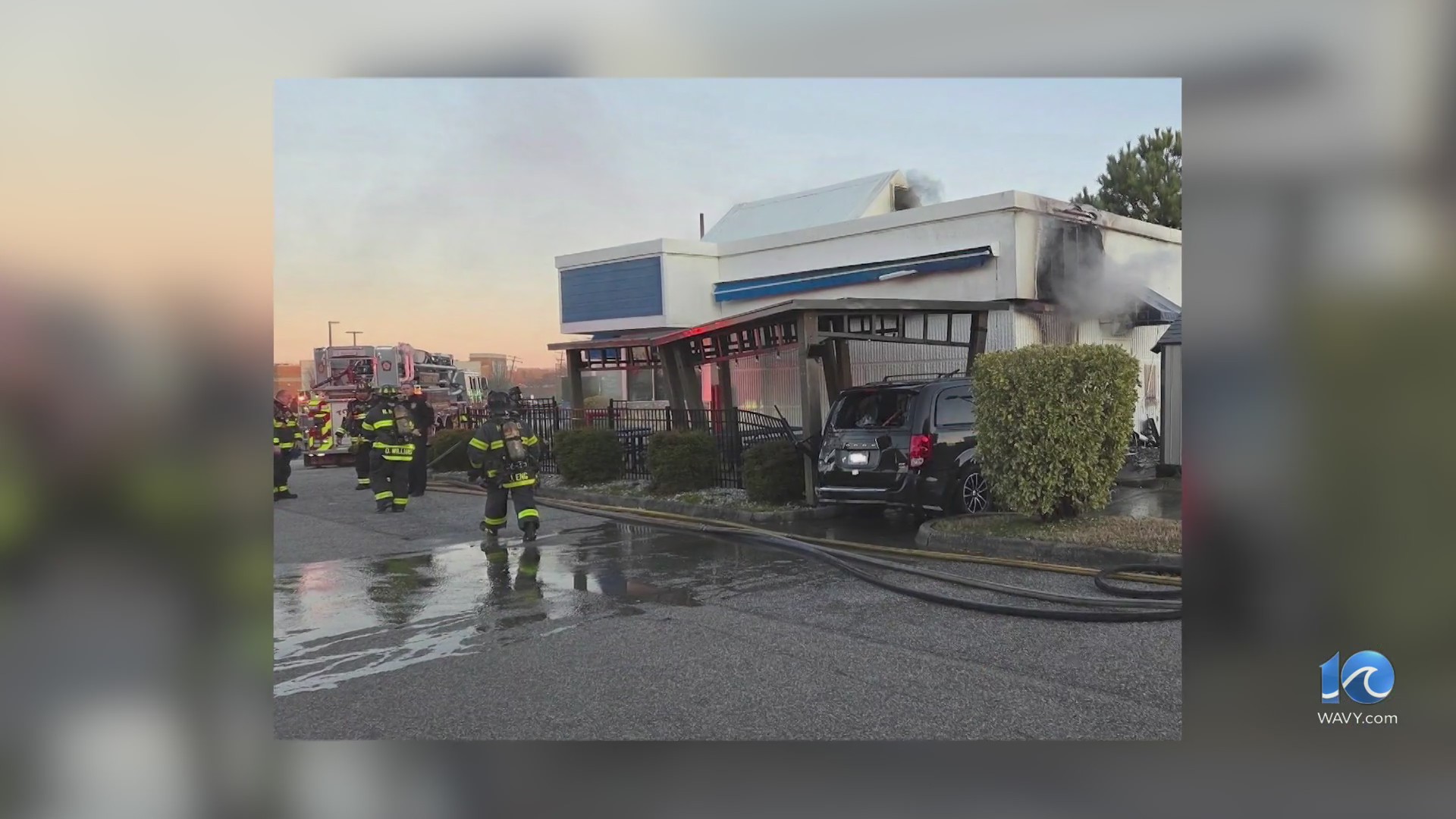 Vehicle hits gas line, sparks fire to NN business
