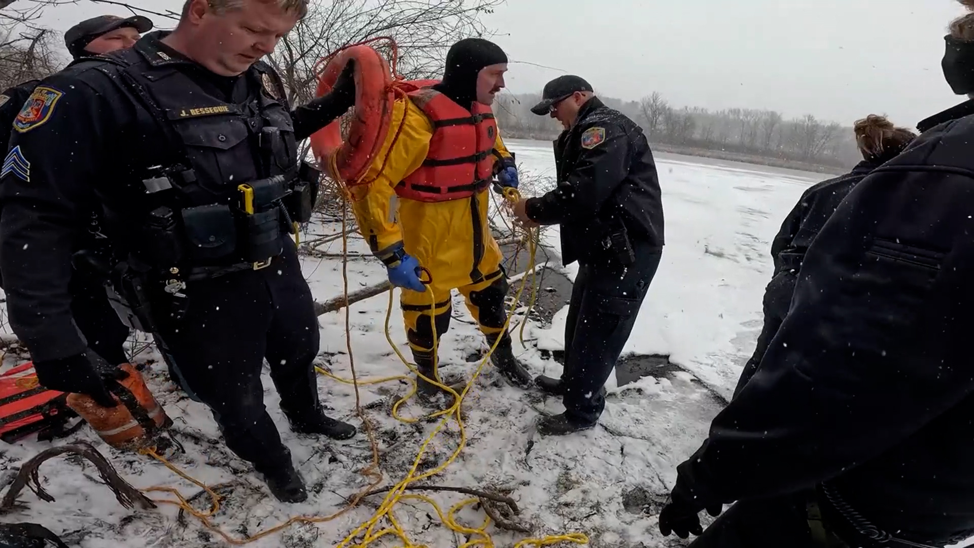 Fisherman stuck in icy water rescued