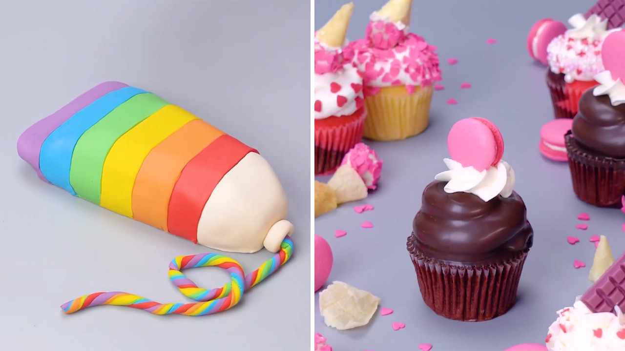 Rainbow pouch cake with chocolate cupcakes