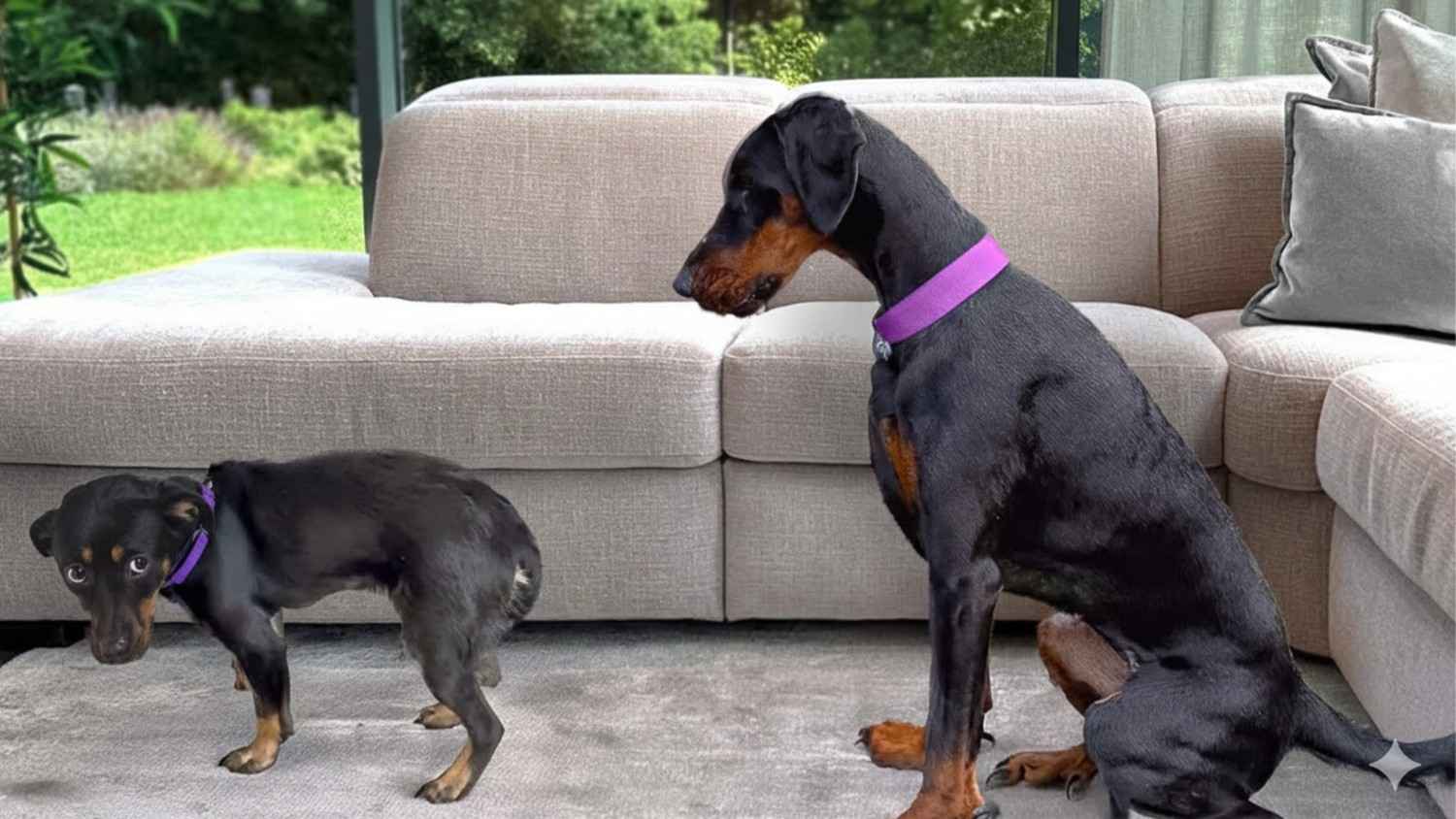 Doberman meets a terrified rescue puppy for the first time