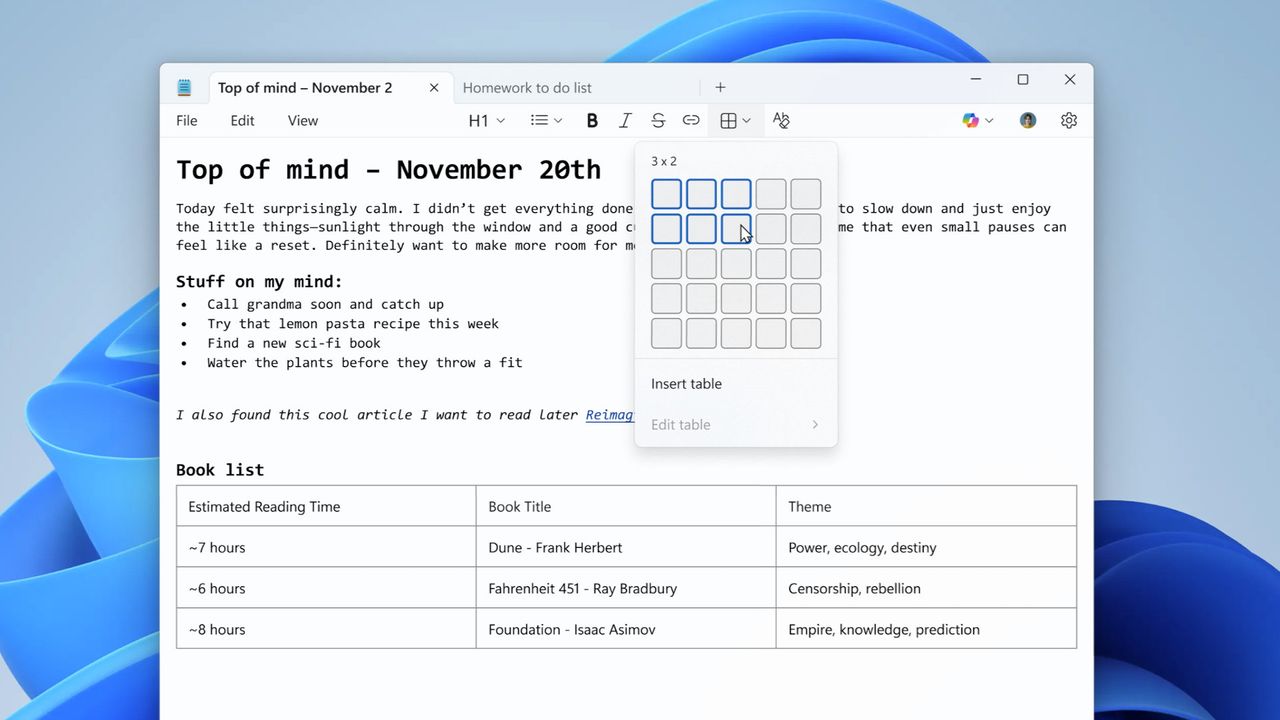 Windows Notepad now has tables but could you stop adding more stuff now ...