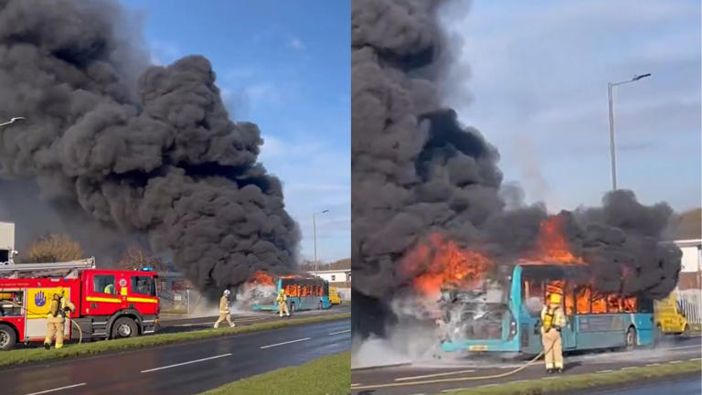 Liverpool fire: Dramatic footage shows bus in flames with thick black ...
