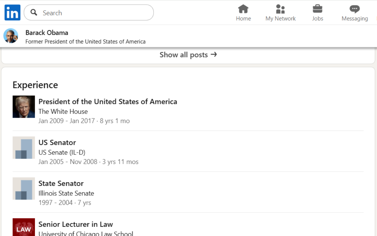 Donald Trump’s face now appears on Barack Obama’s LinkedIn profile