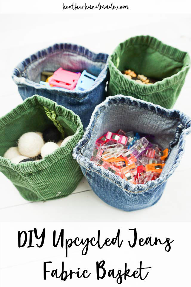 Quick and easy upcycled jeans fabric basket for storage