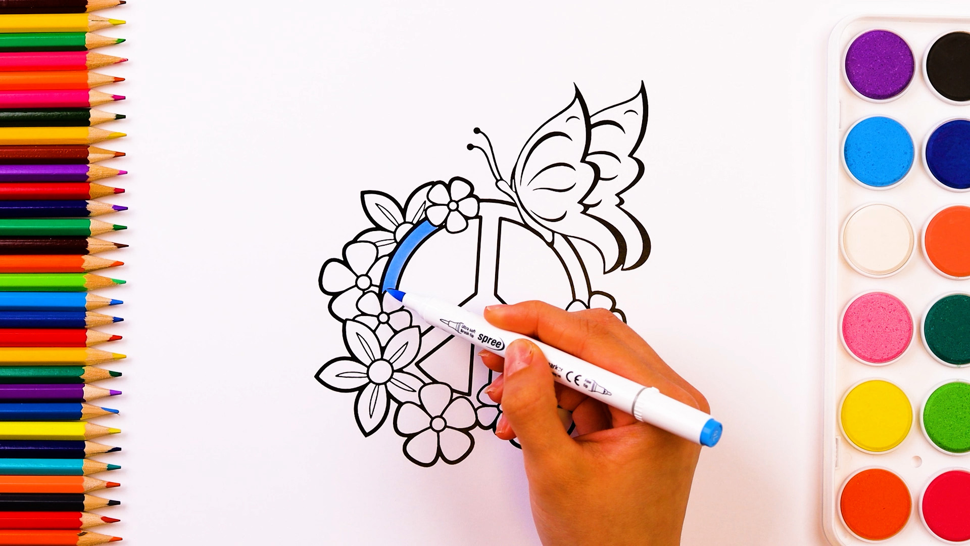 Peace Sign and Flowers coloring in