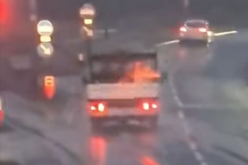 Shocking moment truck races down Sheffield road with barrel on fire