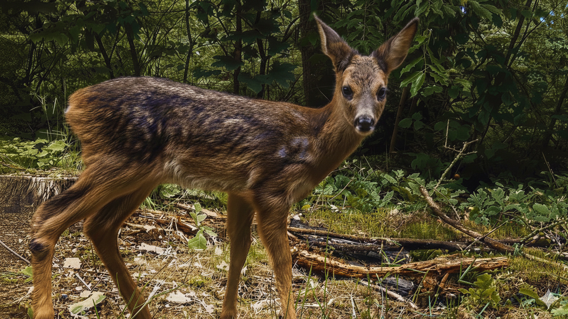 Hidden forest camera reveals baby deer by a stream