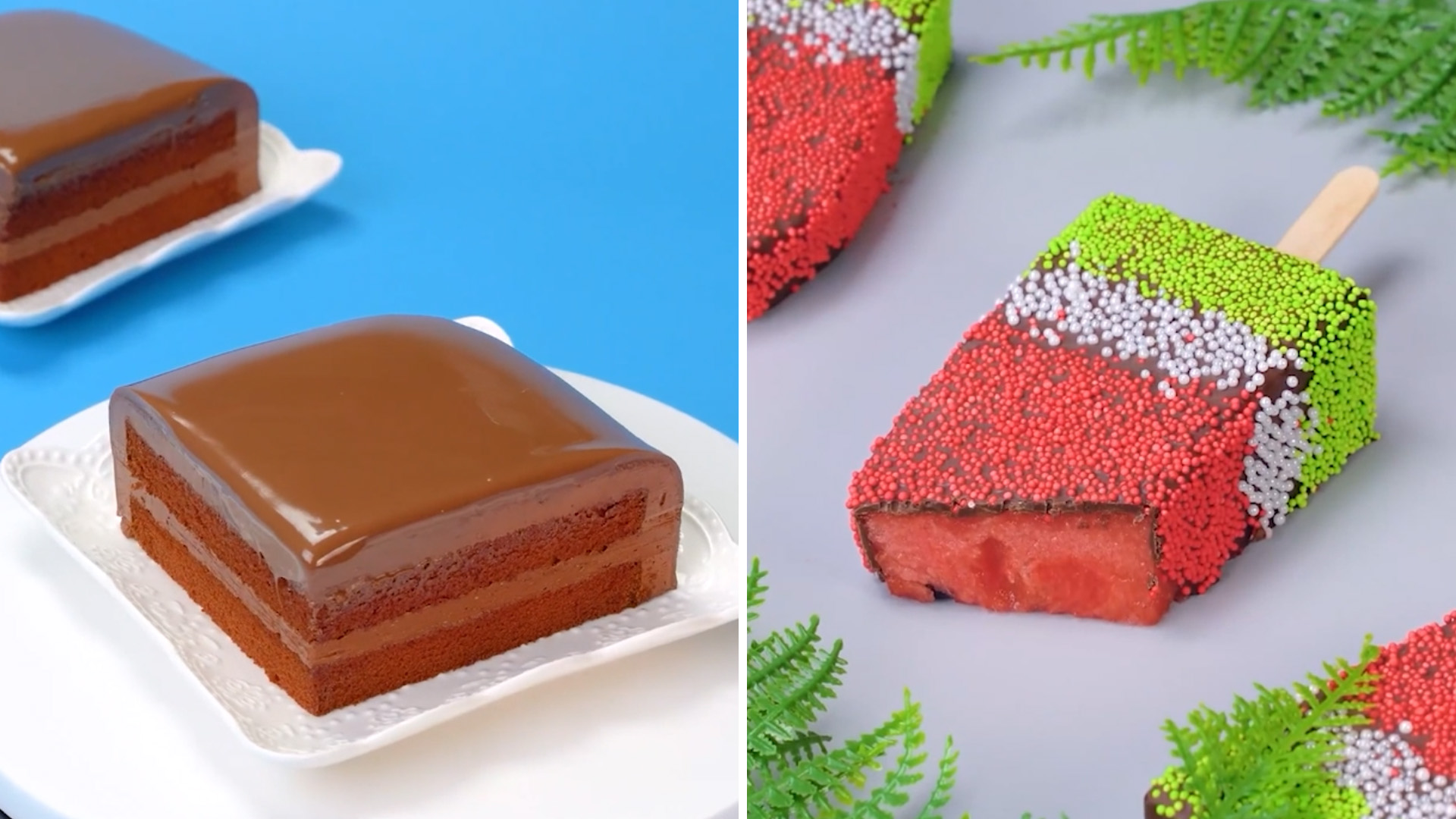 Glossy chocolate cake slice and watermelon dessert pop