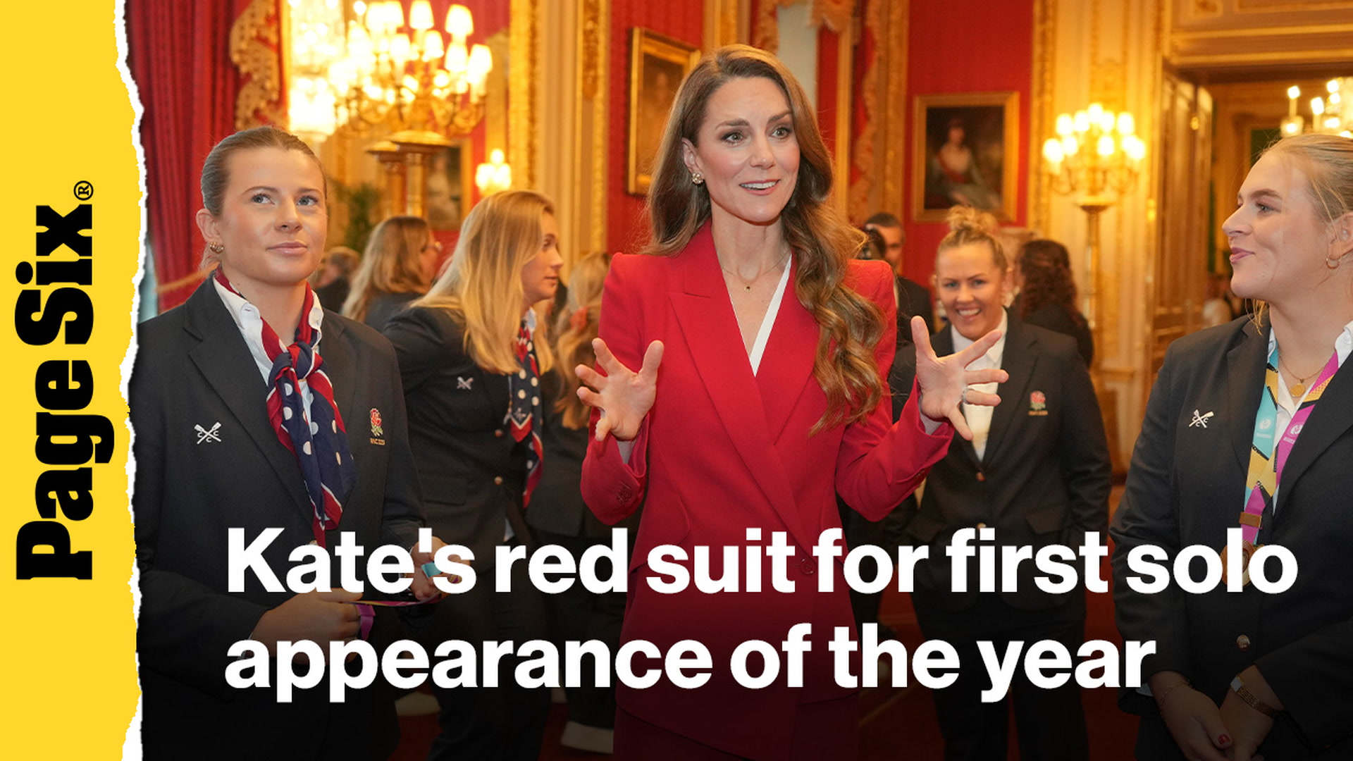 Kate Middleton wears red power suit for her first solo royal appearance ...