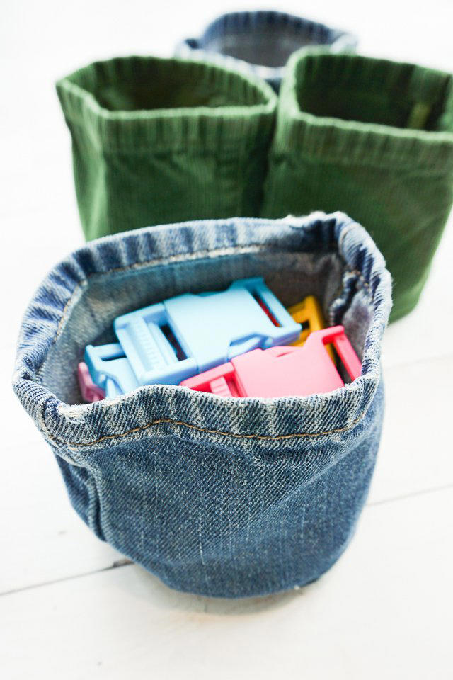 Quick and easy upcycled jeans fabric basket for storage