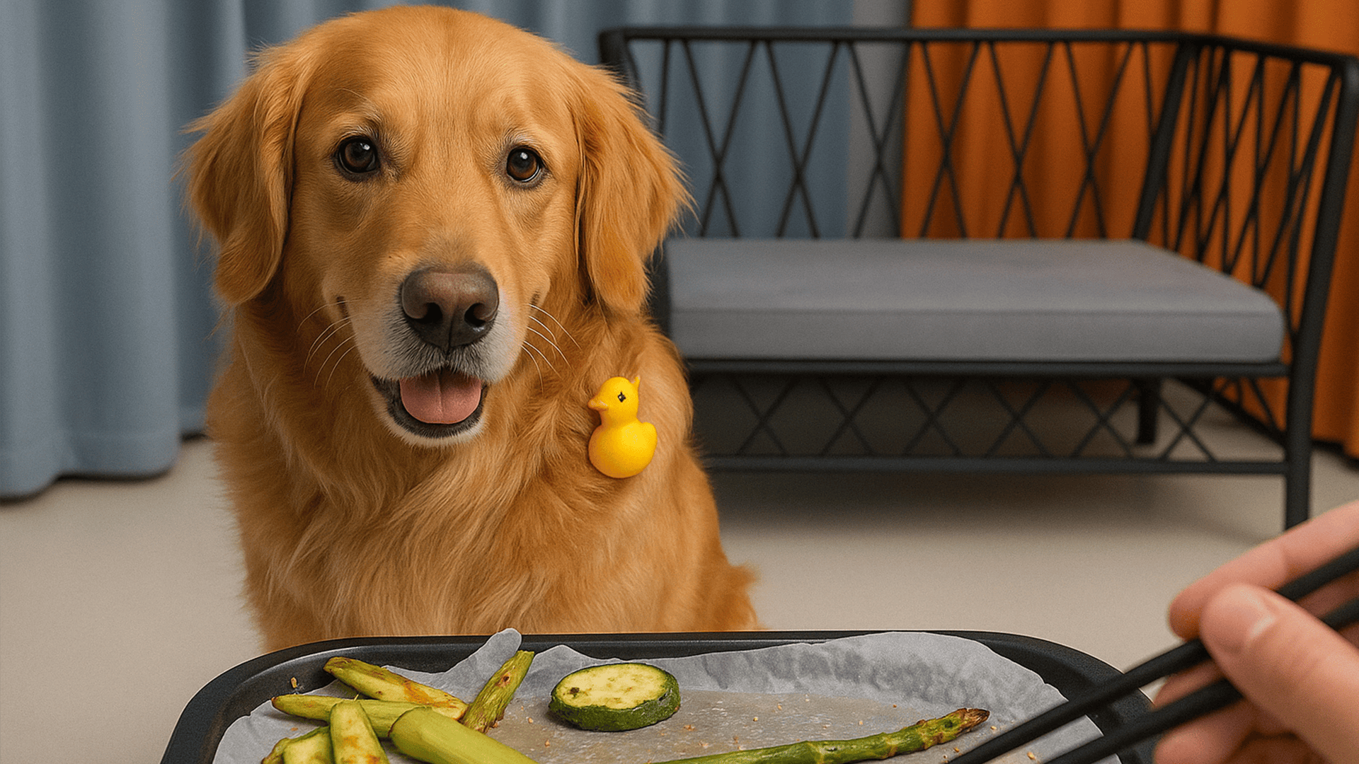 Dog pretending vegetables are not food