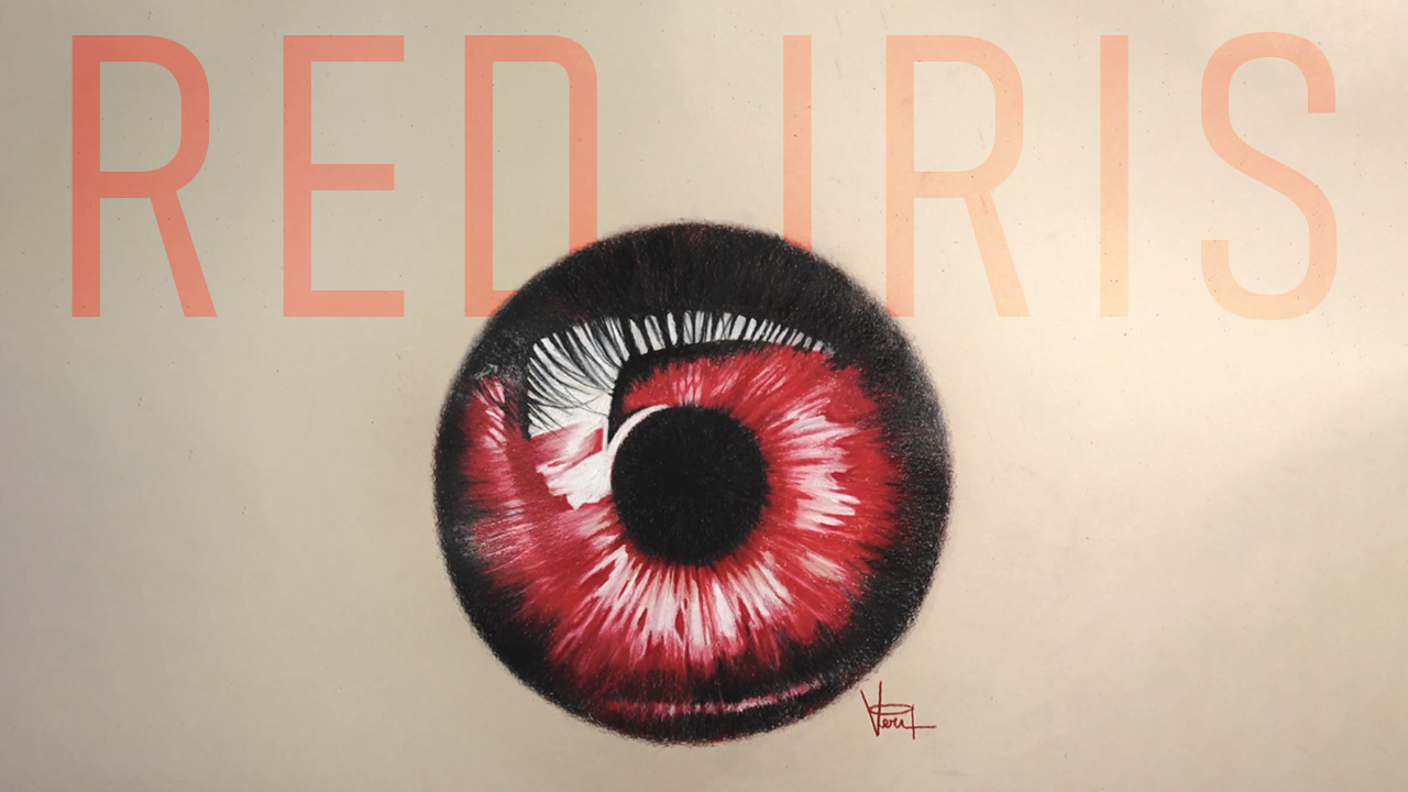 Colored pencil red iris artwork with rich layers and smooth blends