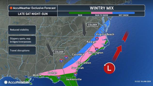 Storm to bring snow from Georgia to Virginia, then graze the Northeast