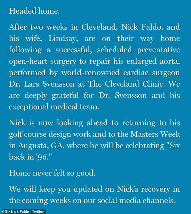 Golf icon Sir Nick Faldo reveals health battle as he returns home after ...