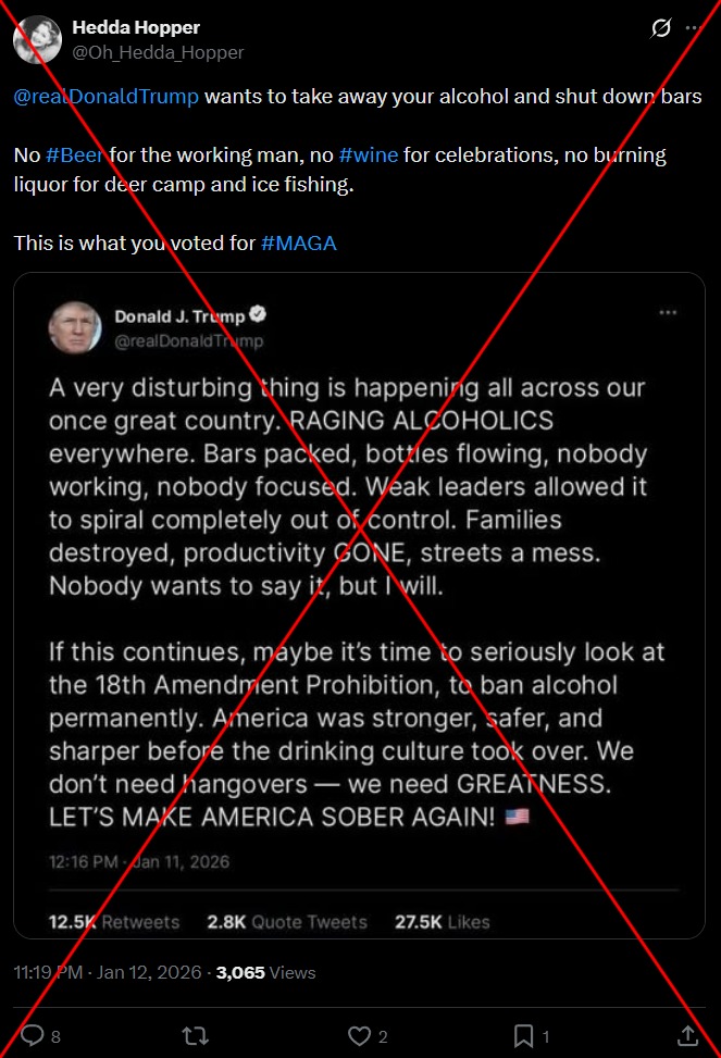 Trump social media rant calling for alcohol ban is fake