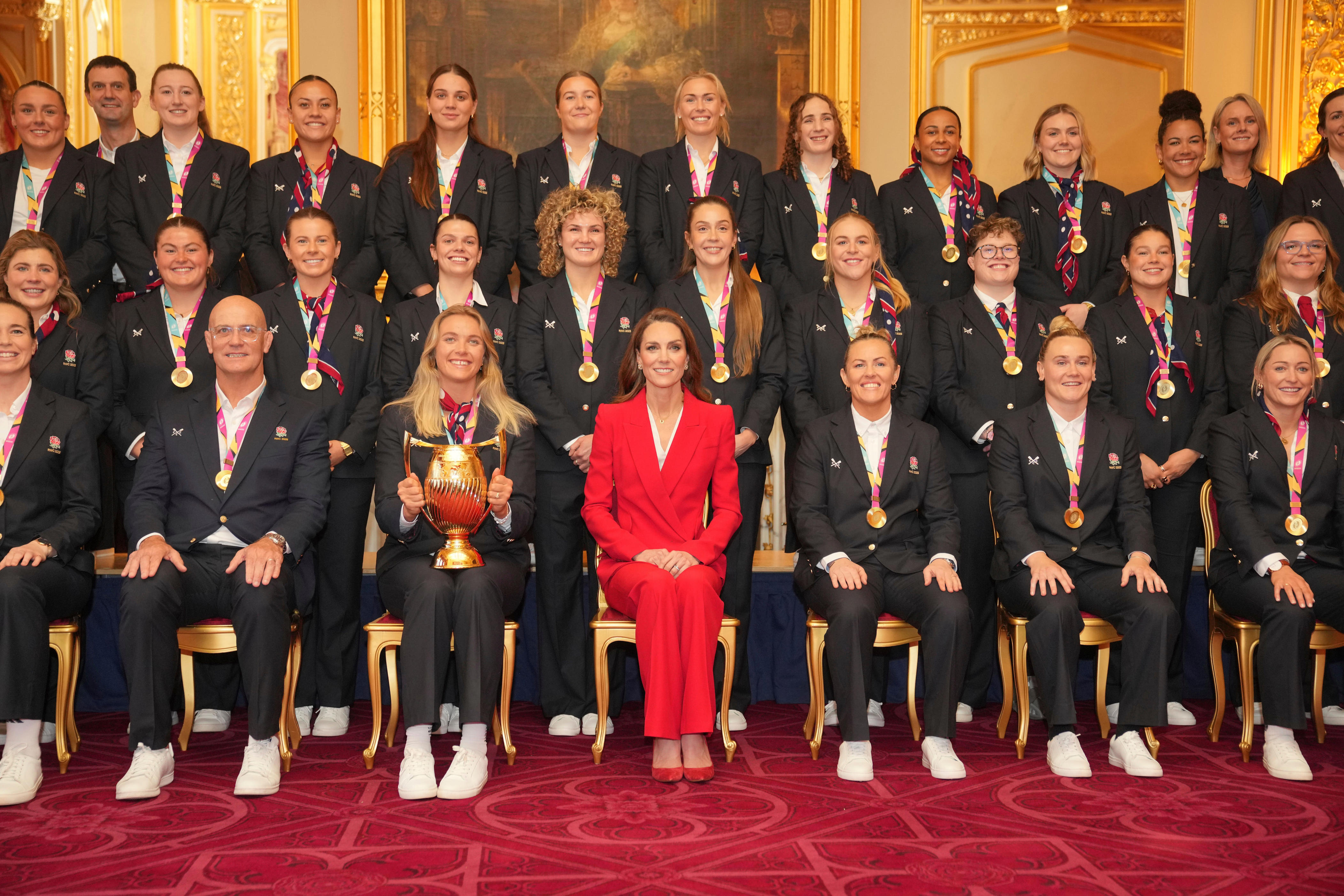 Princess Kate dazzles in red at meeting with UK women's rugby team