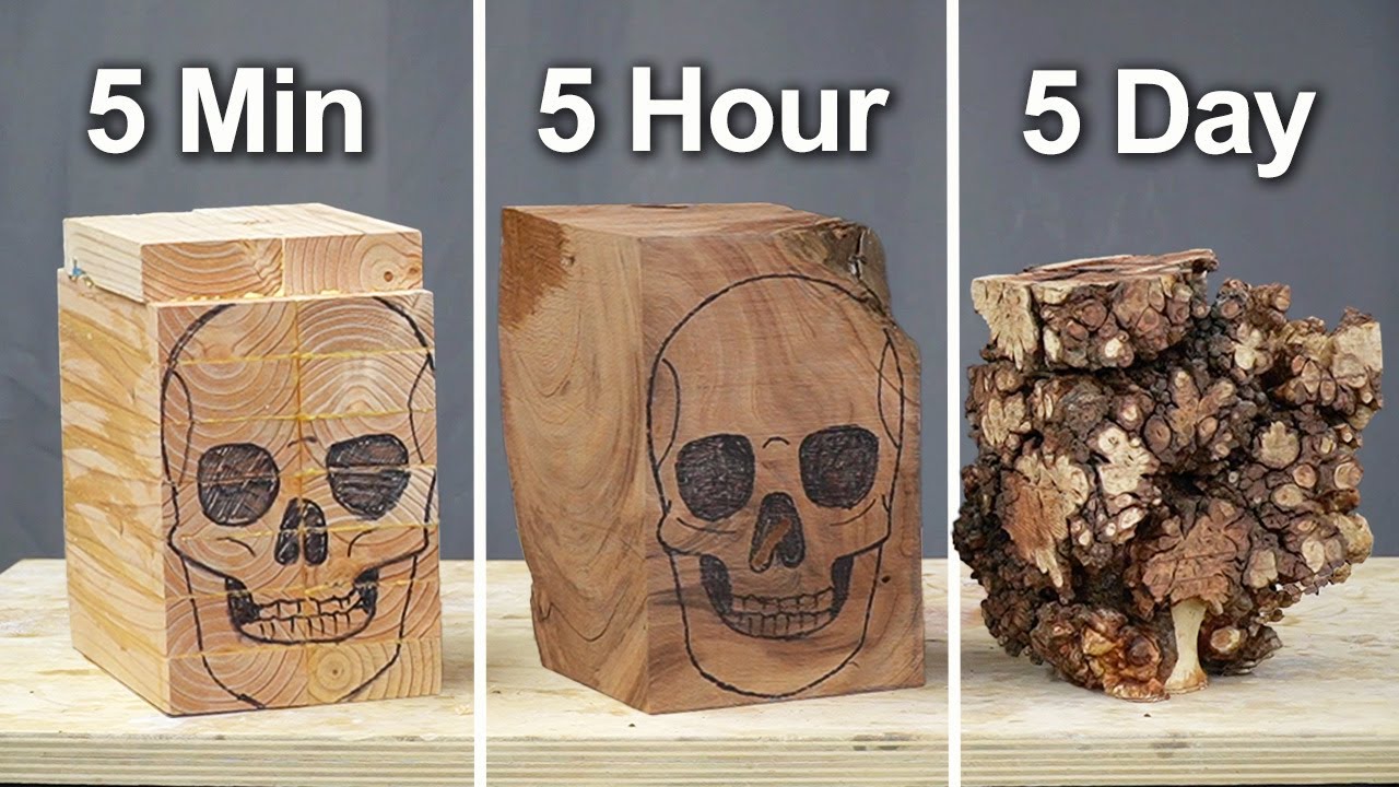 I carved 3 skulls - 5 min. vs. 5 hour vs. 5 day