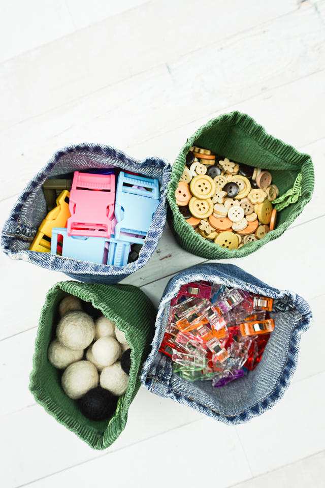 Quick and easy upcycled jeans fabric basket for storage