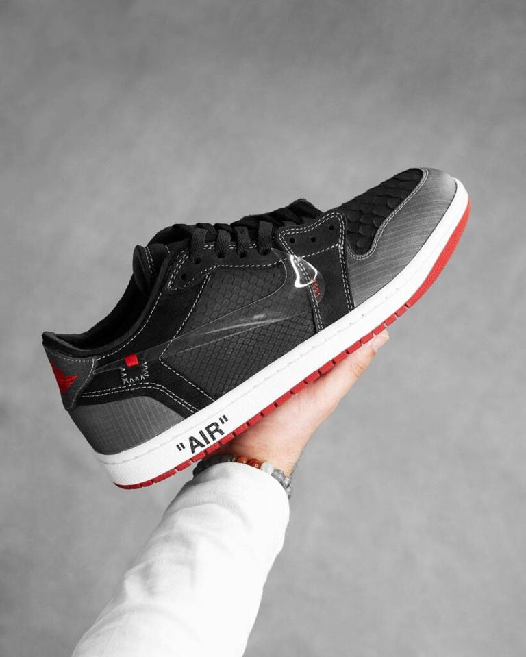 The Off-White x Air Jordan 1 Low 'Ripstop' has a see through Swoosh