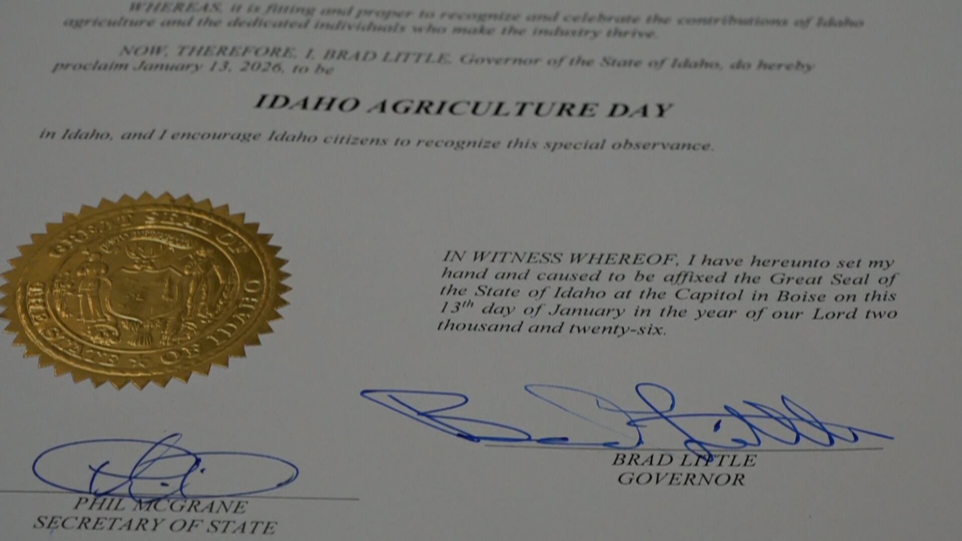 Idaho governor declares Agriculture Day at state capitol